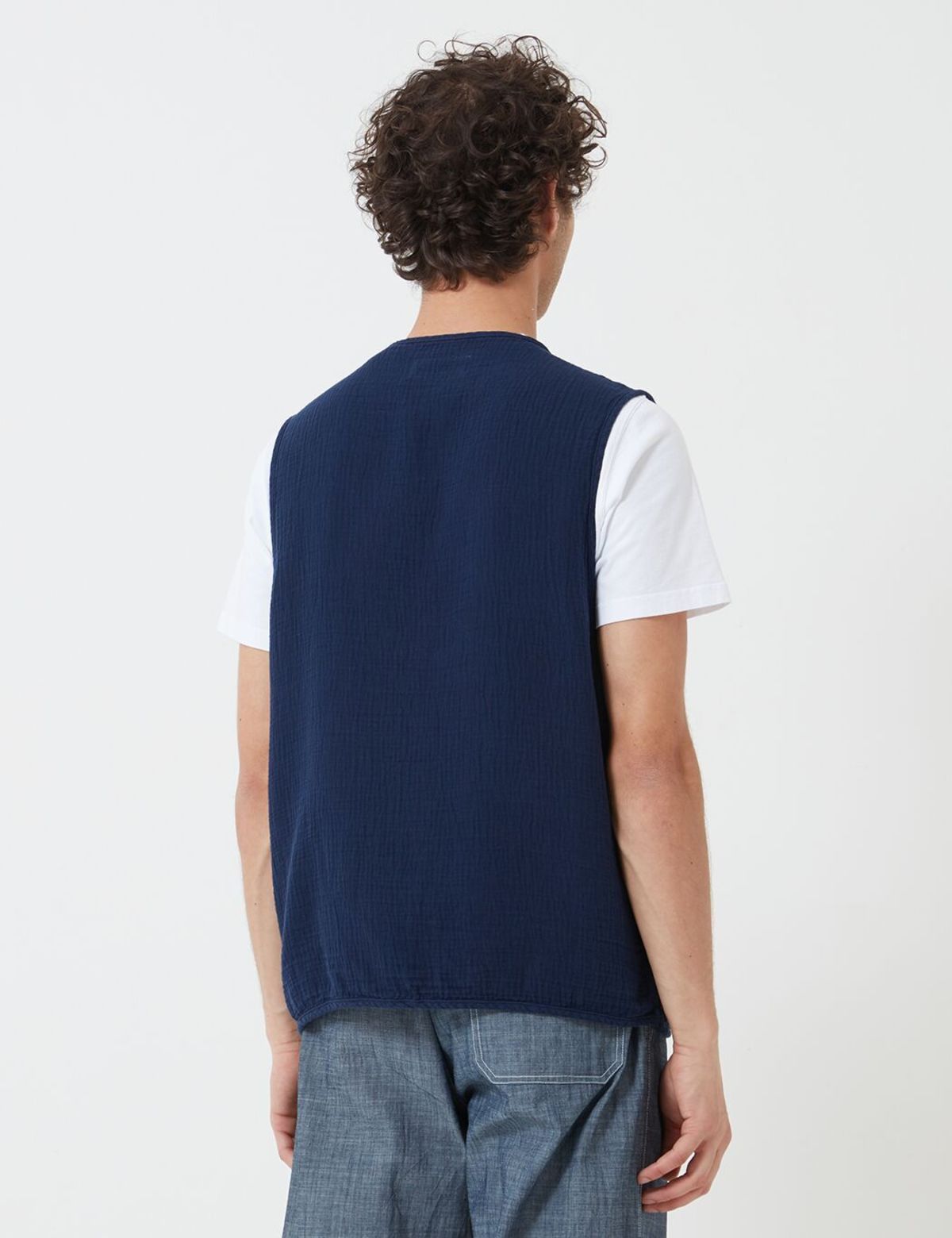 Universal Works Zip Chore Dual Lincot Waistcoat - Navy Blue | Garmentory