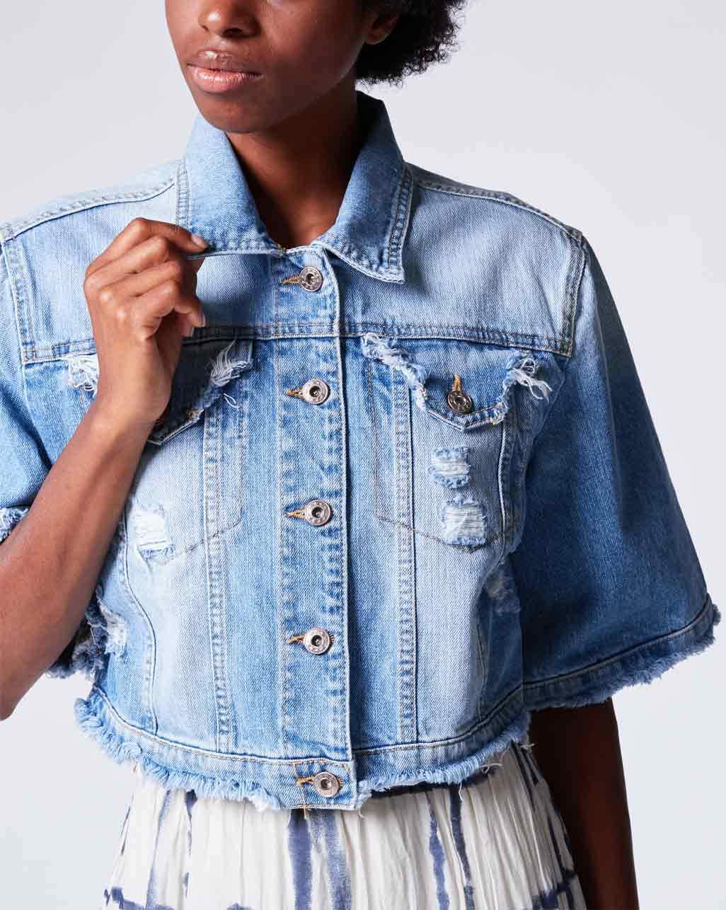 Amici by Baci Raw Edge Distress Jacket - Denim | Garmentory