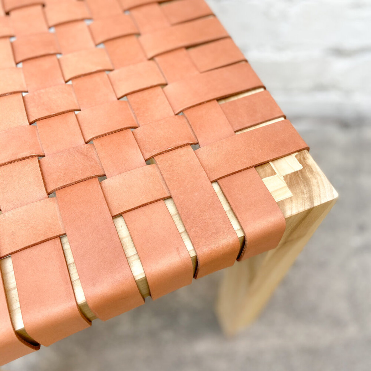 Made Solid Thin Weave Leather and Wood Stool | Garmentory