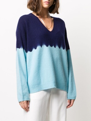 Suzusan cashmere hand dyed color block sweater - navy turquoise ...