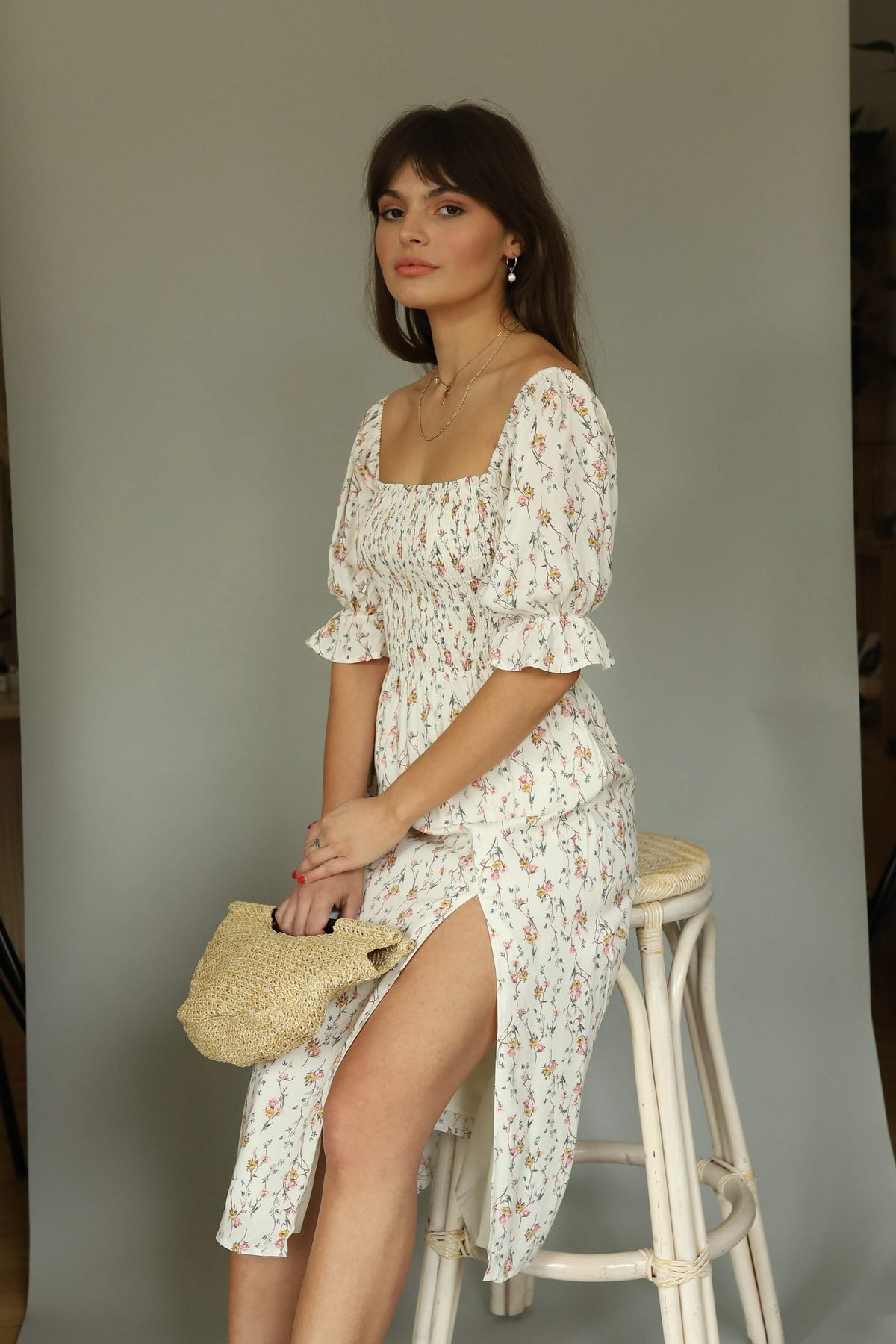 Moodie Smocked Midi Dress - White Floral | Garmentory