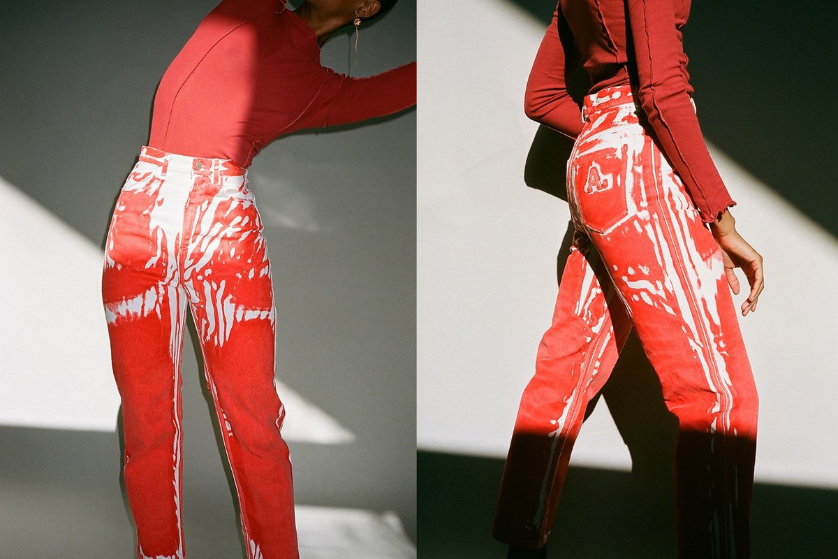 Anntian Screenprint Denim Pant - White/Cherry Red | Garmentory