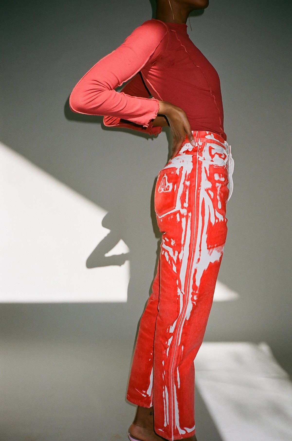 Anntian Screenprint Denim Pant - White/Cherry Red | Garmentory