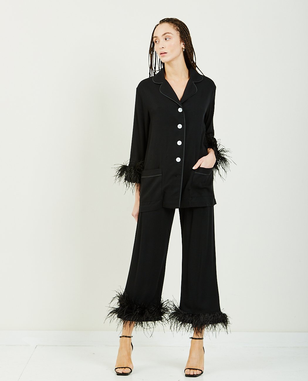 Sleeper Party Pajama Set With Feathers - Black | Garmentory