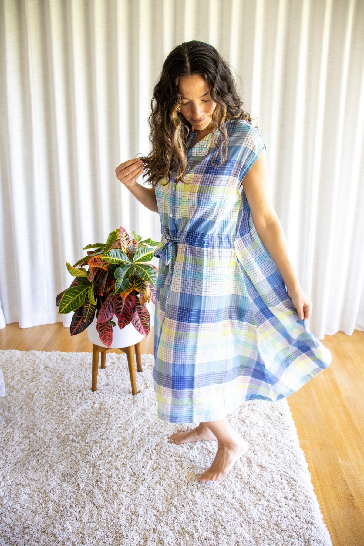 Mii Collection Handwoven Check Pattern Dress - Blue | Garmentory