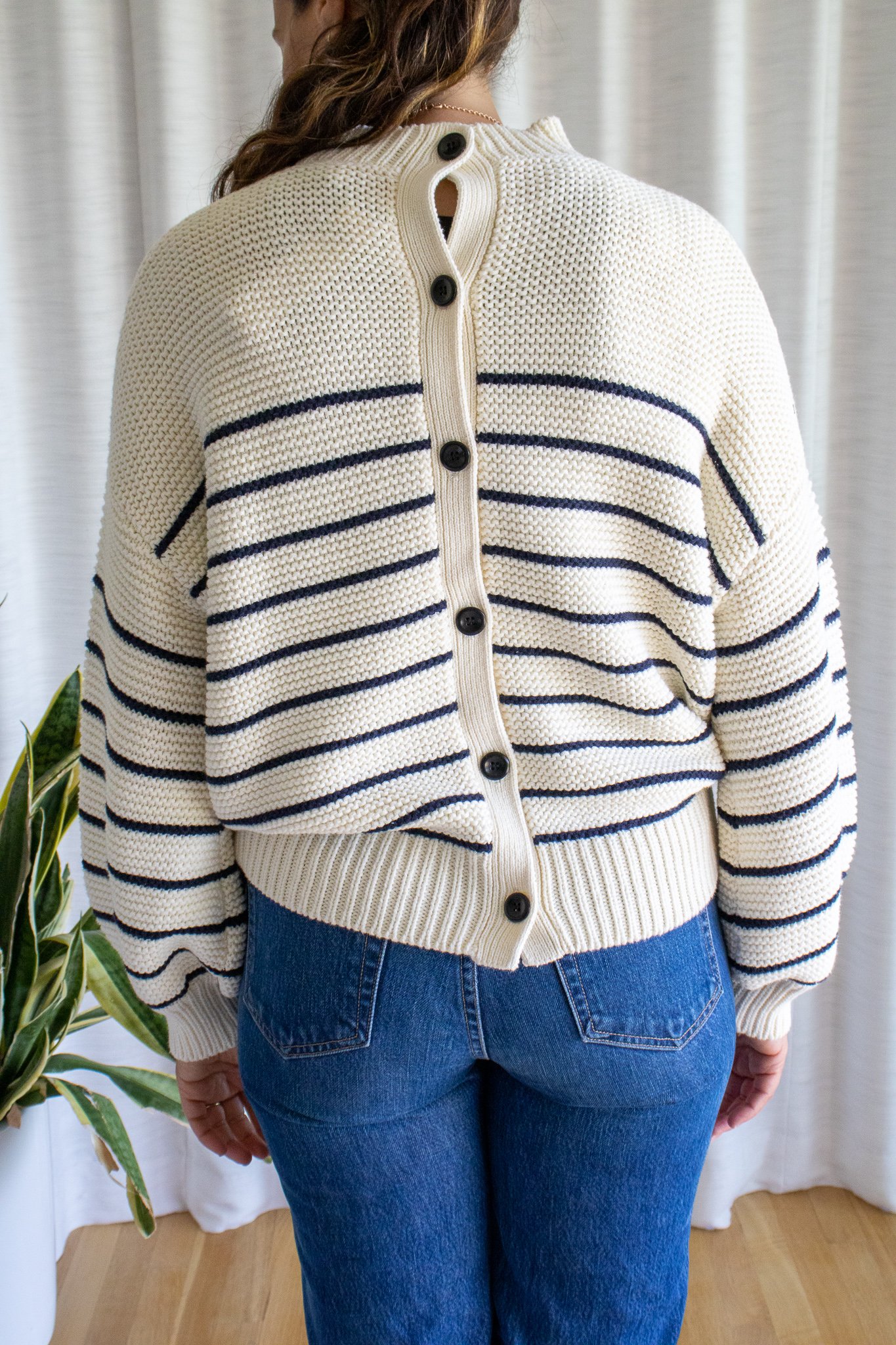 Alex Mill Chunky Button Back Sweater - Stripes Ivory/Dark Navy | Garmentory