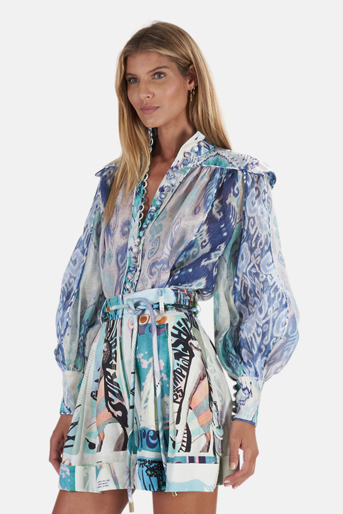 Zimmermann Glassy Long Sleeve Blouse - Spliced Blue Ikat | Garmentory