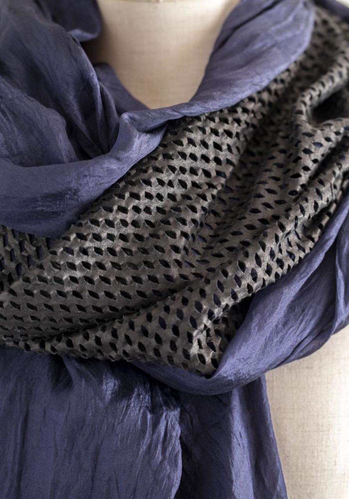Claudio Cutuli Laser Cut Leather and Silk Scarf - black/navy | Garmentory