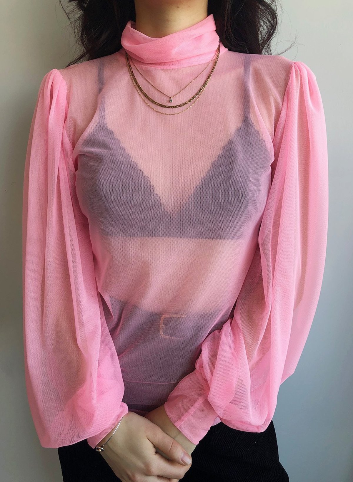 Eliza Faulkner Puff Sleeve Mesh Turtleneck - Pink | Garmentory