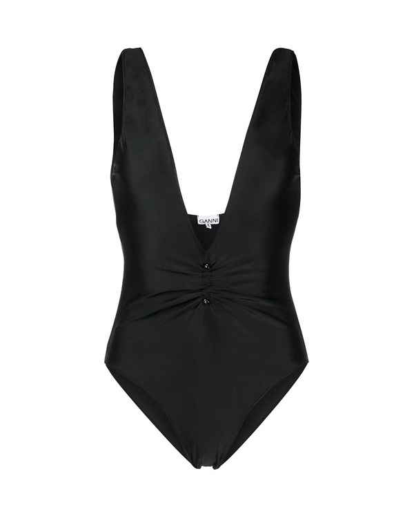 GANNI Gathered Plunge-Neck Swimsuit | Garmentory