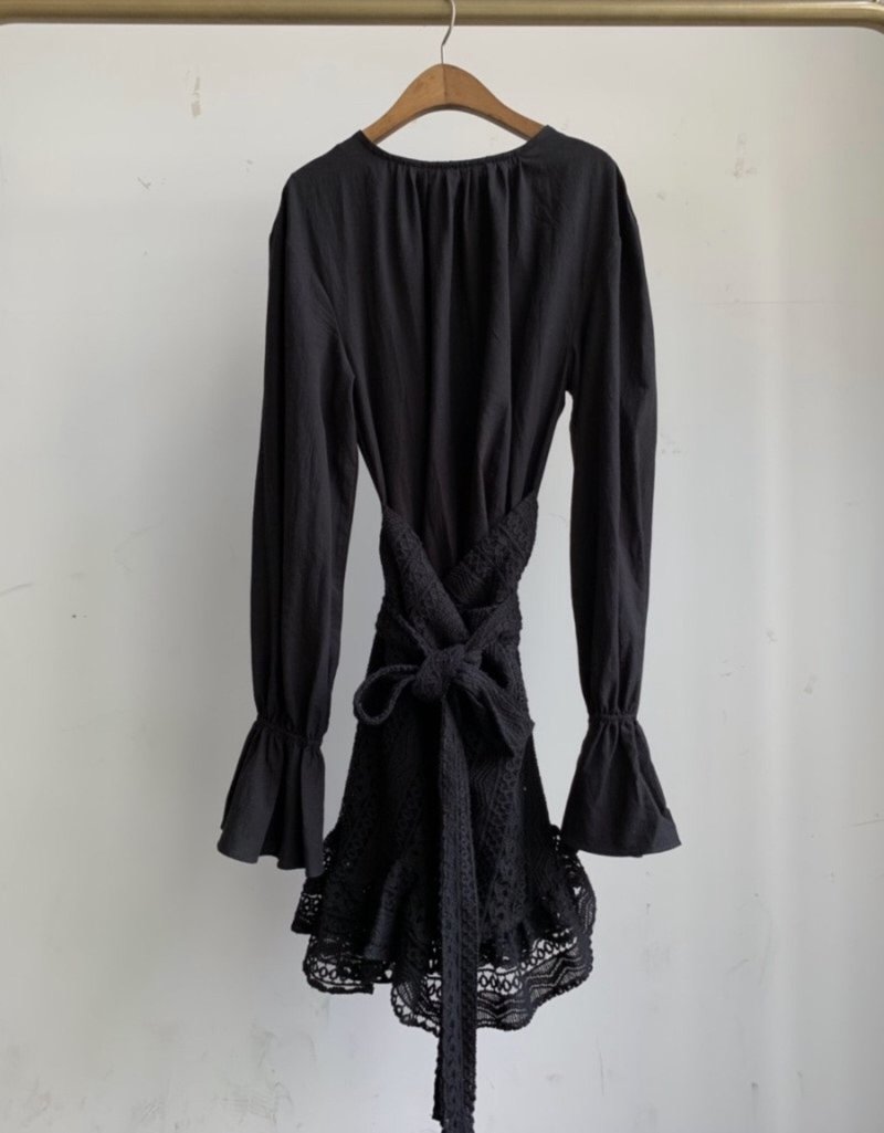 Deventi Ruffle Lace Wrap Dress - black | Garmentory
