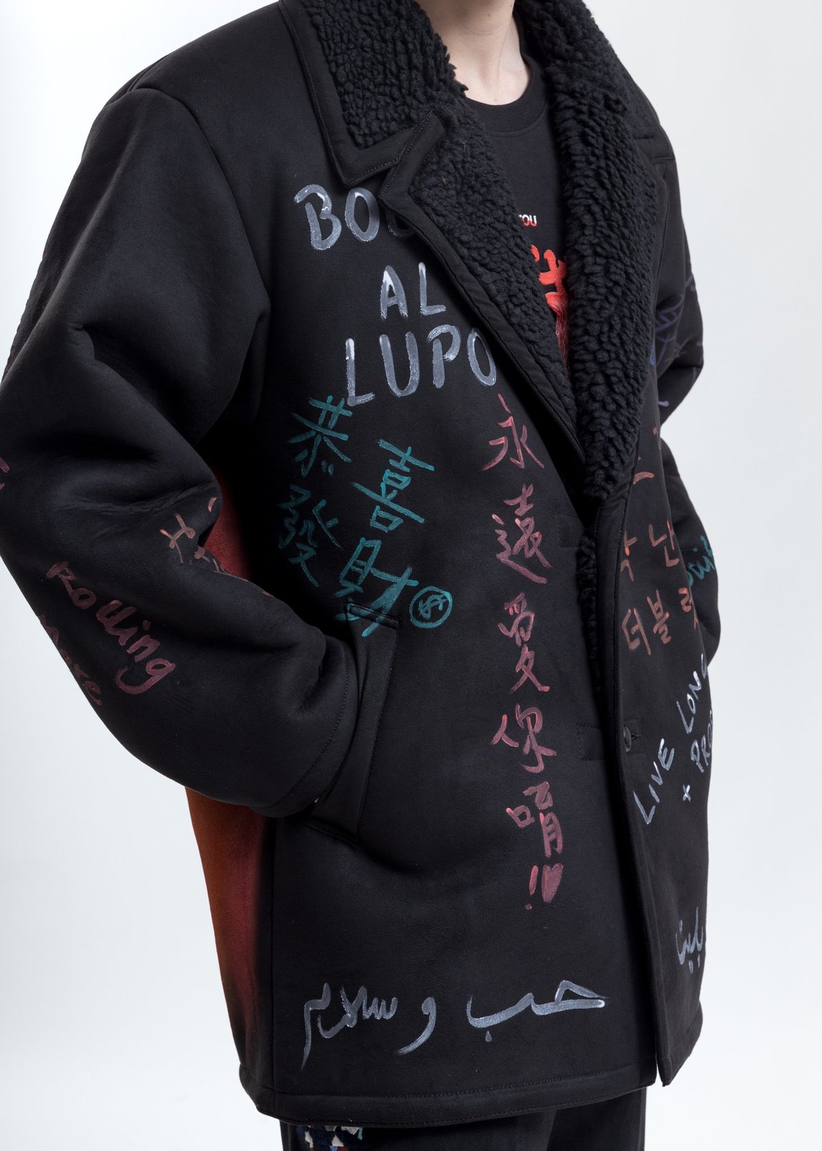 Doublet Message Hand-Painted Mouton Coat - Black | Garmentory