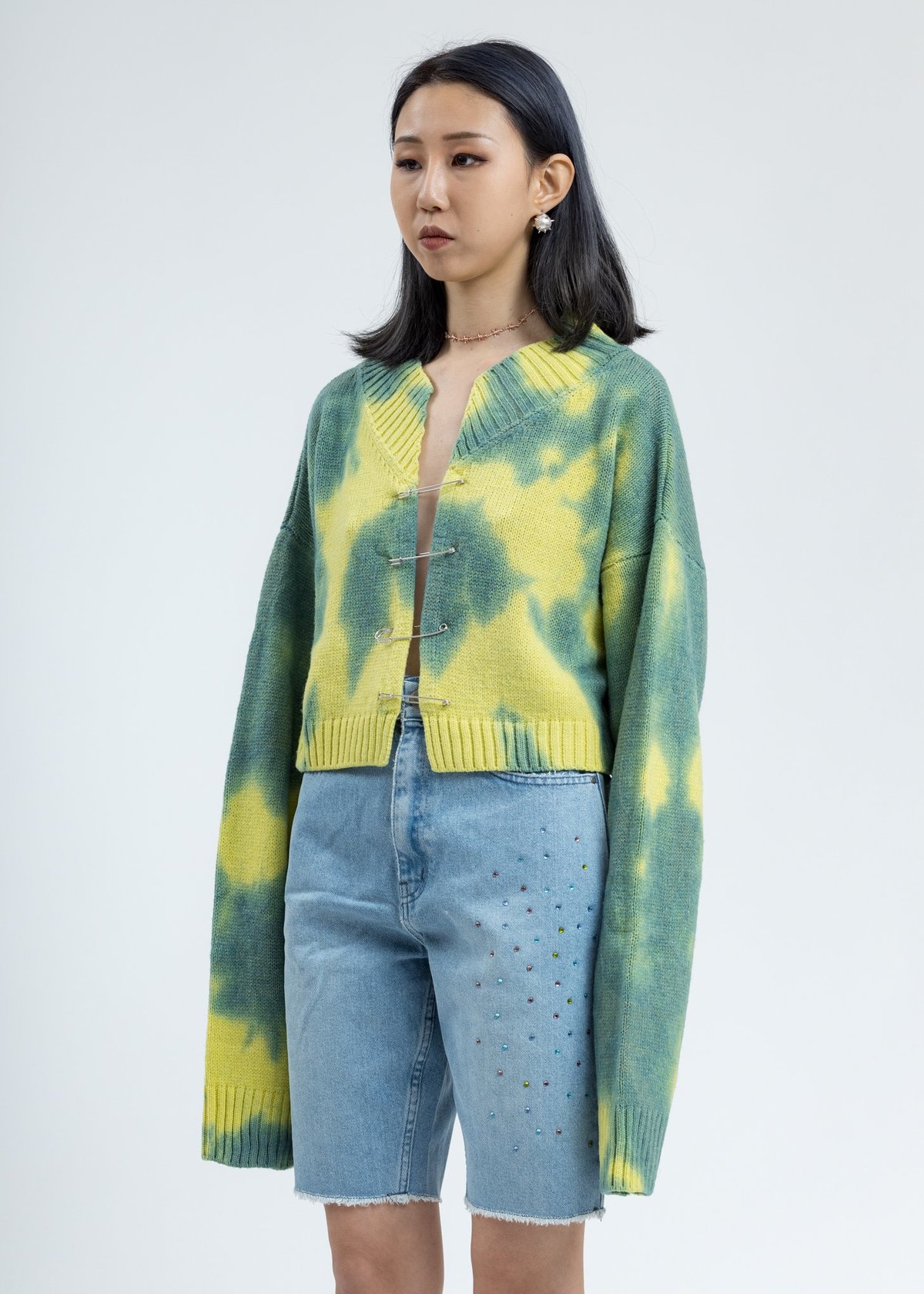 Danielle Guizio Tie Dye Knit Safety Pin Sweater - Green/Yellow | Garmentory