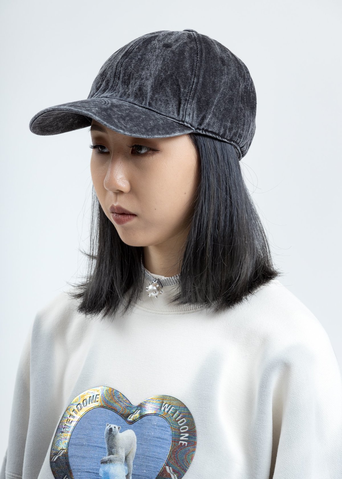 we11done Embossed Logo Denim Cap - Wash Black | Garmentory