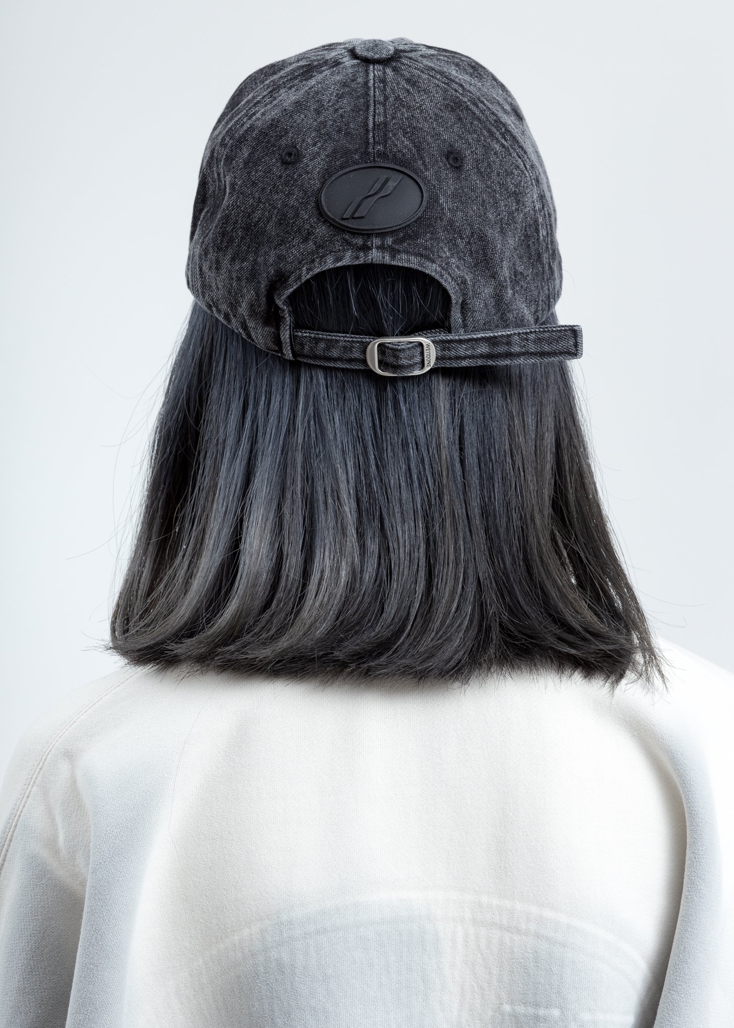 we11done Embossed Logo Denim Cap - Wash Black | Garmentory