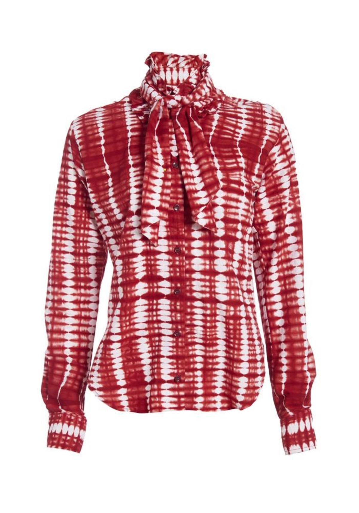 Studio One Eighty Nine Ayumi Cotton Hand-Batik Ruffle Collar Shirt - Red | Garmentory