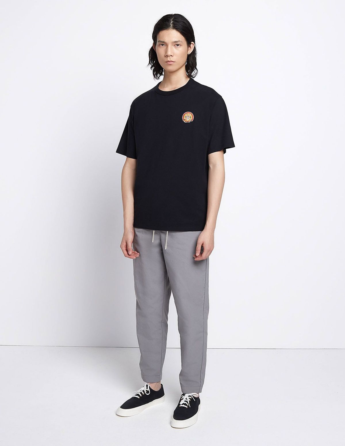 Kitsune Tee Shirt with Flower Fox Patch - Black | Garmentory