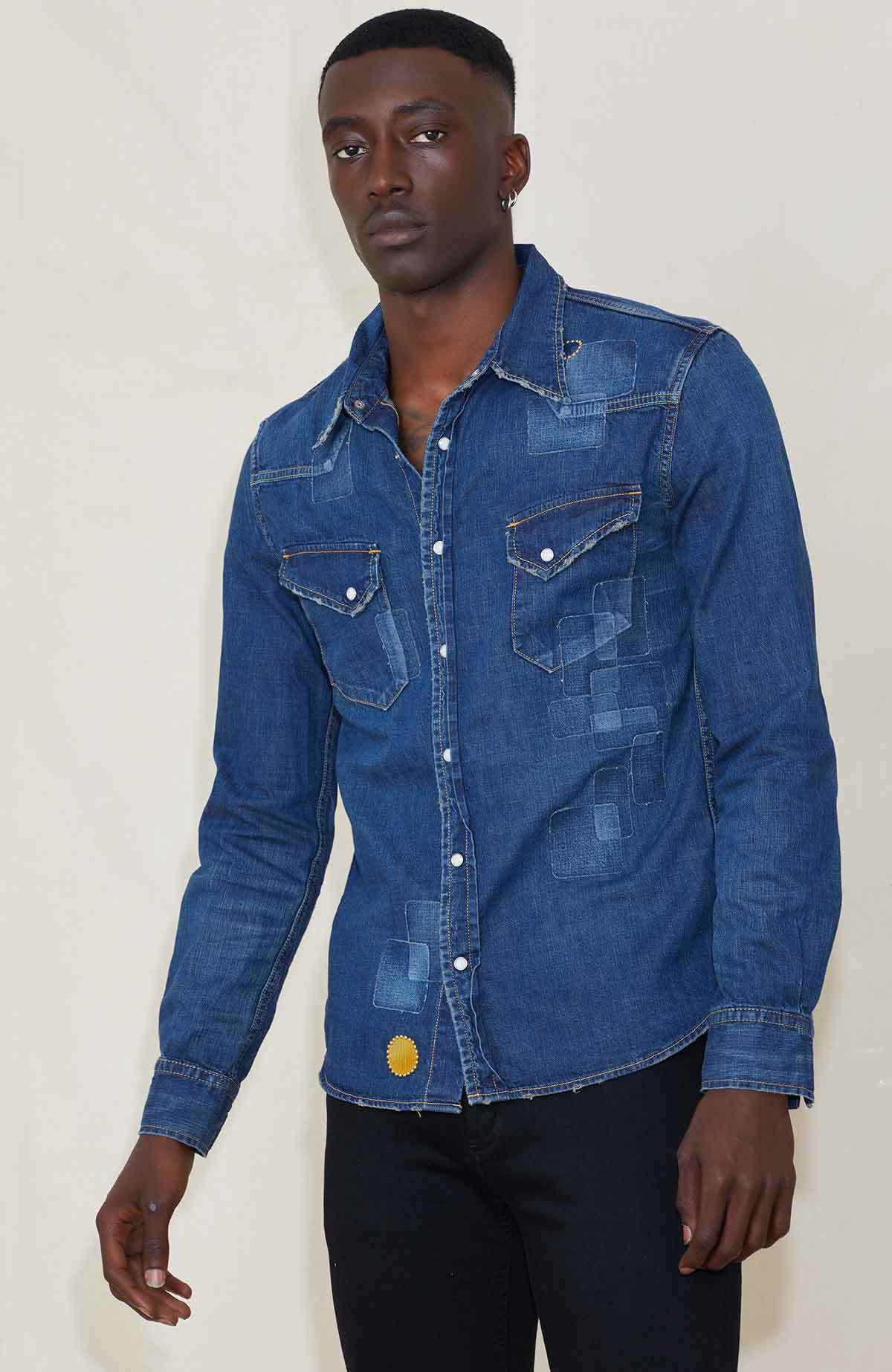 Remi Relief Denim Western Repair Studs Shirt - BLUE | Garmentory