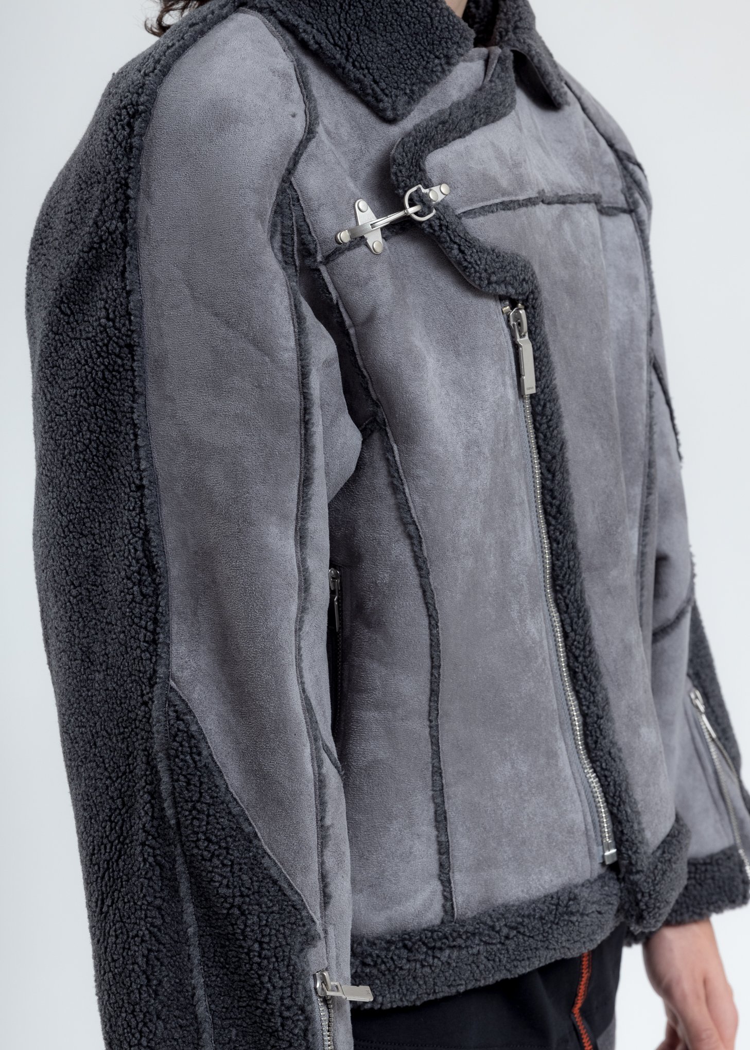 C2H4 Paneled Streamline Shearling Jacket - Grey | Garmentory