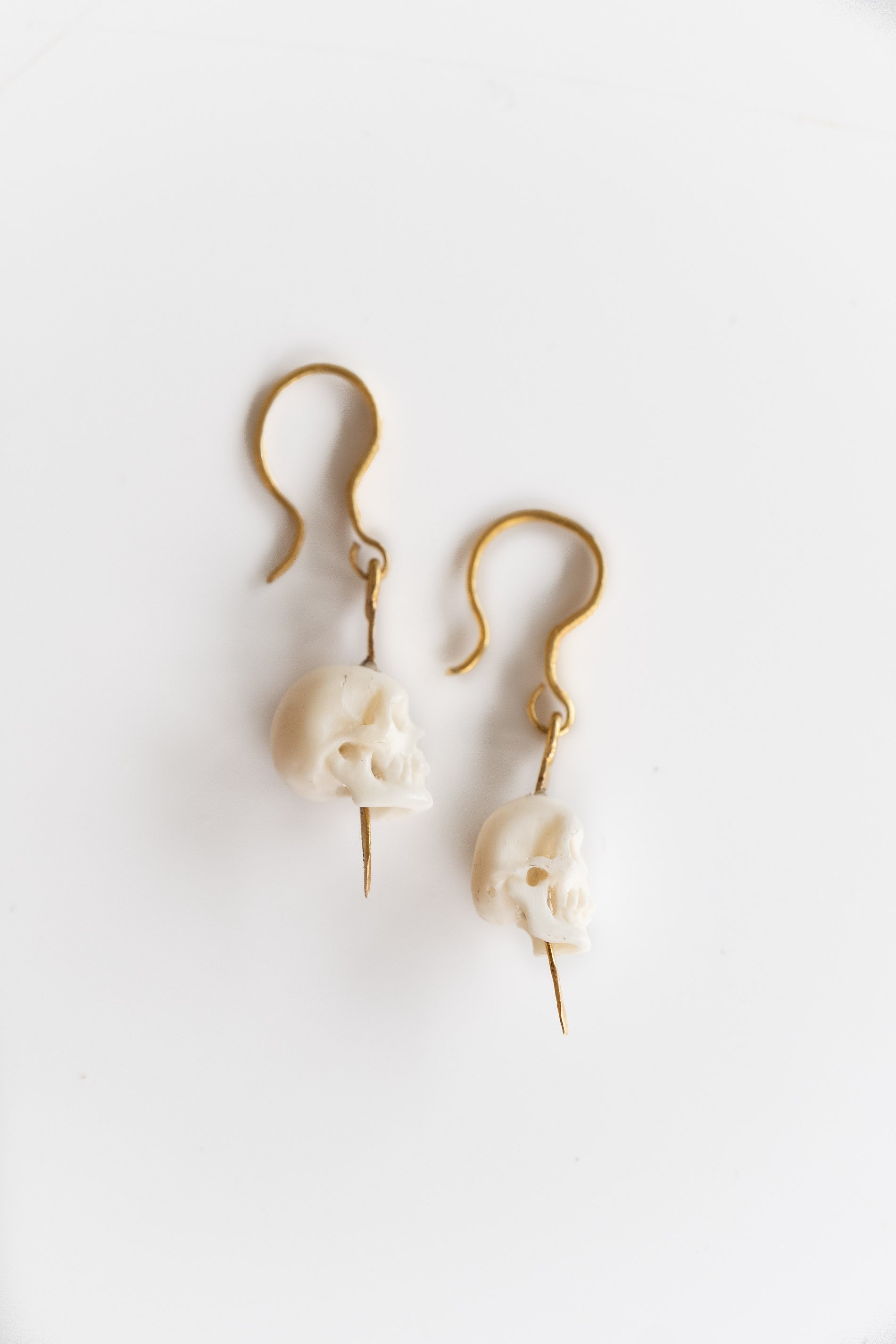 Lou Zeldis CARVED YAK BONE SKULL EARRINGS -22K Yellow Gold | Garmentory