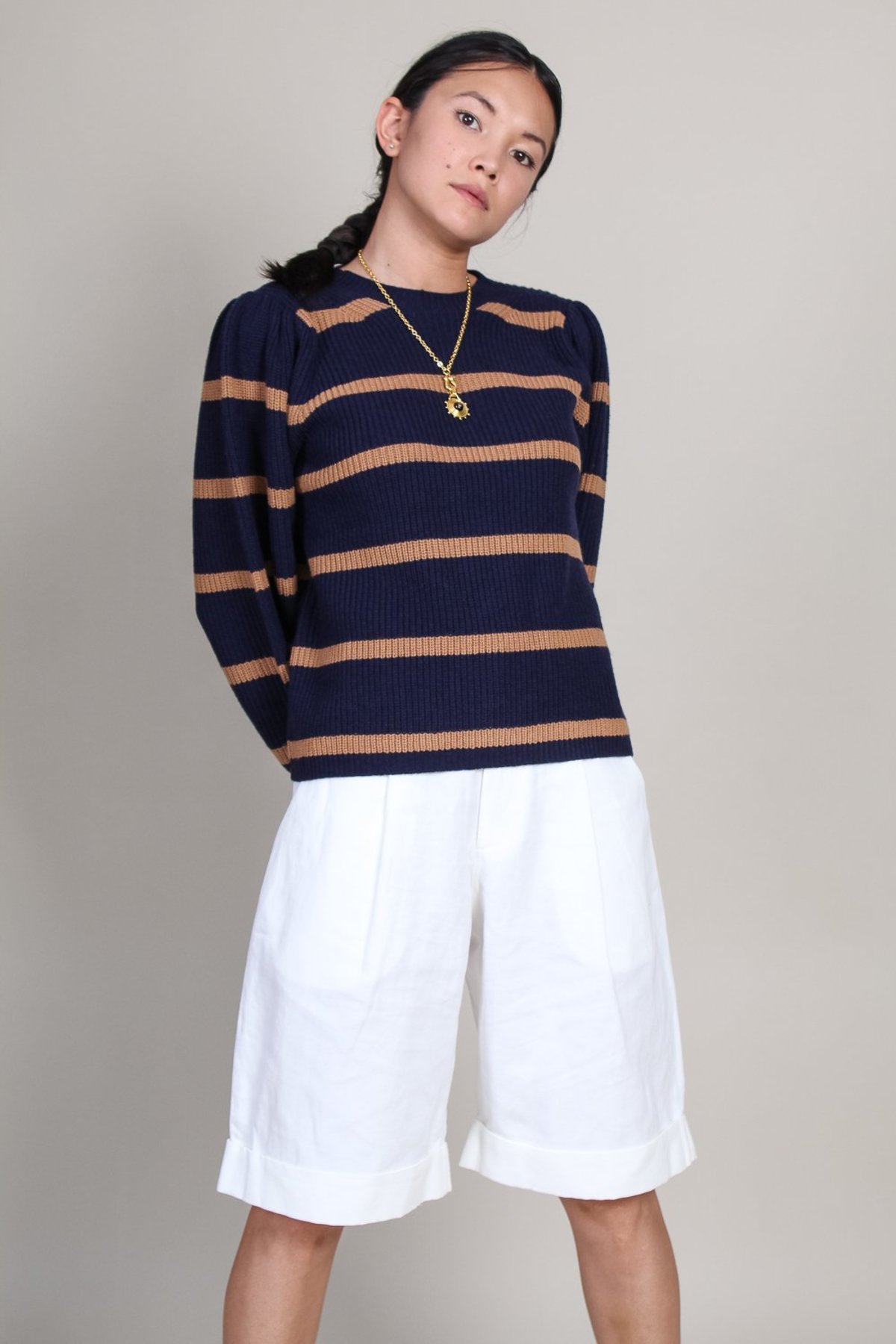 Apiece Apart Arne Puff Sleeve Sweater - Navy/Camel Stripe | Garmentory