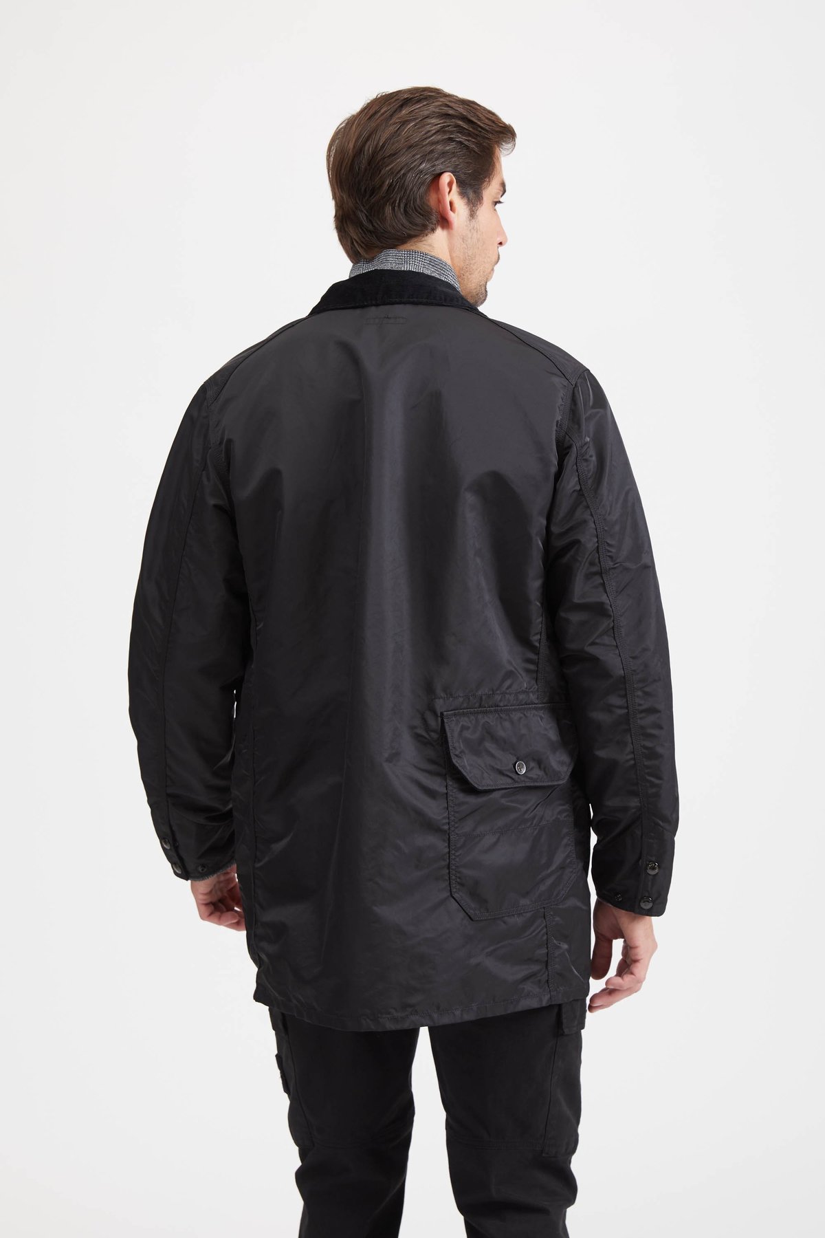 Engineered Garments LONG LOGGER JACKET FLIGHT SATIN NYLON - BLACK ...
