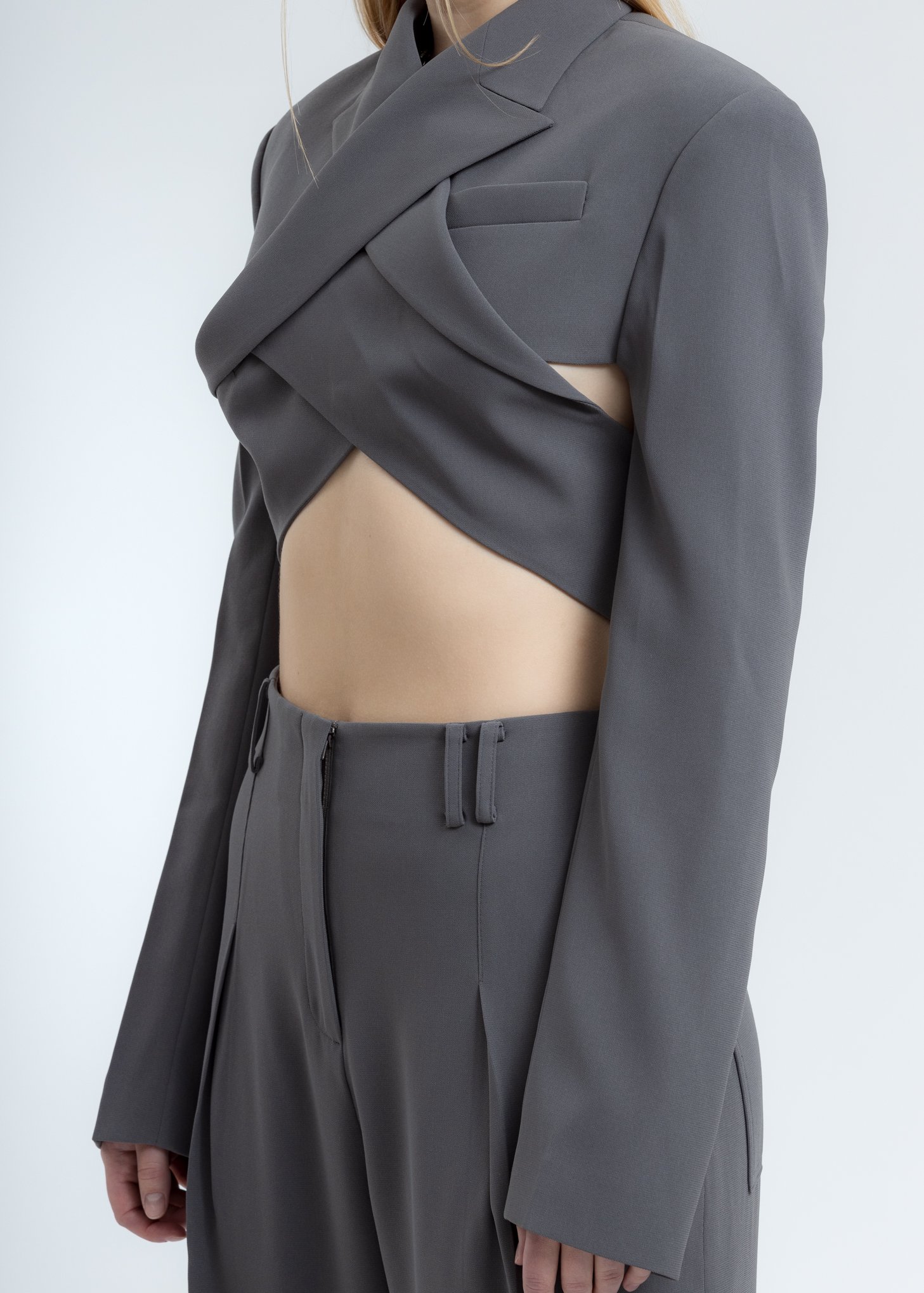 MOON CHOI Taupe Overlapped Lapel Collar Short Blazer - taupe | Garmentory