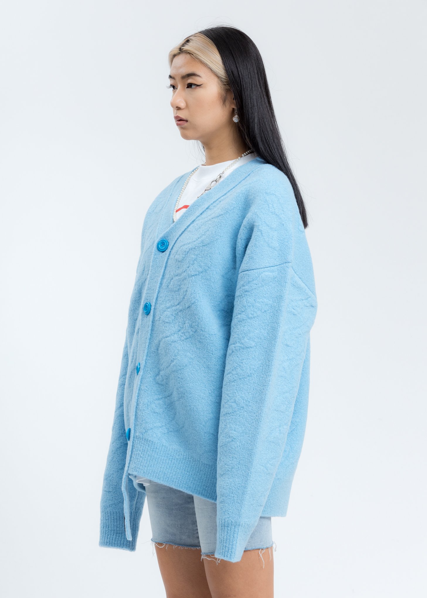 we11done Logo Cable Felted Knit Cardigan - Blue | Garmentory