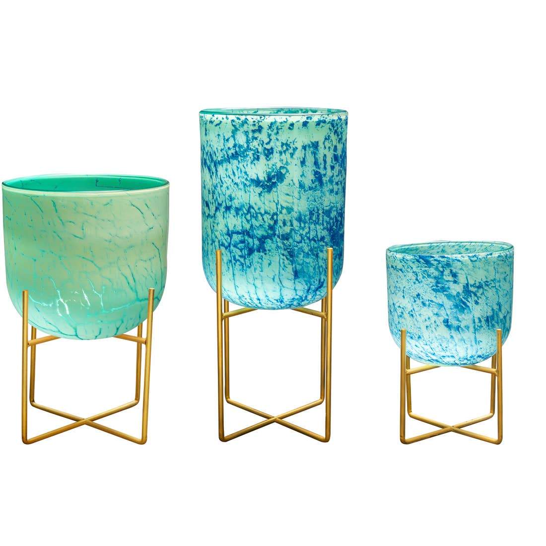 Apricot Mint Hand Blown Glass Planters with Stands - Aqua | Garmentory