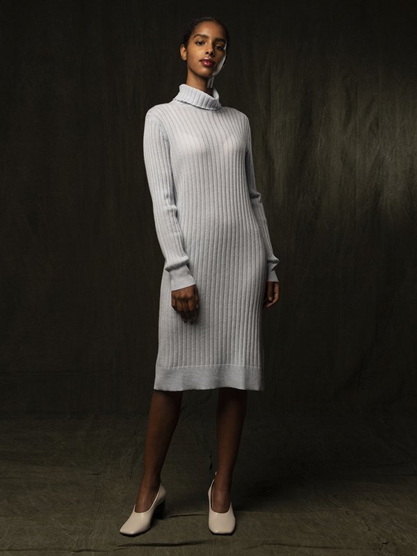 Pure Cashmere NYC Rib Turtleneck Dress - Baby Blue | Garmentory