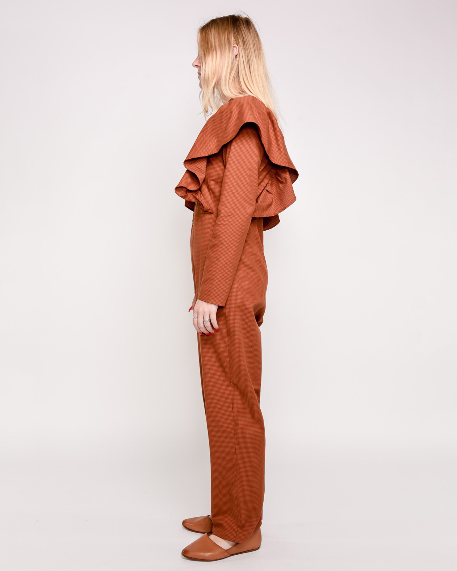 Rita Row Lola Ruffled Jumpsuit - Orange Microchecks | Garmentory