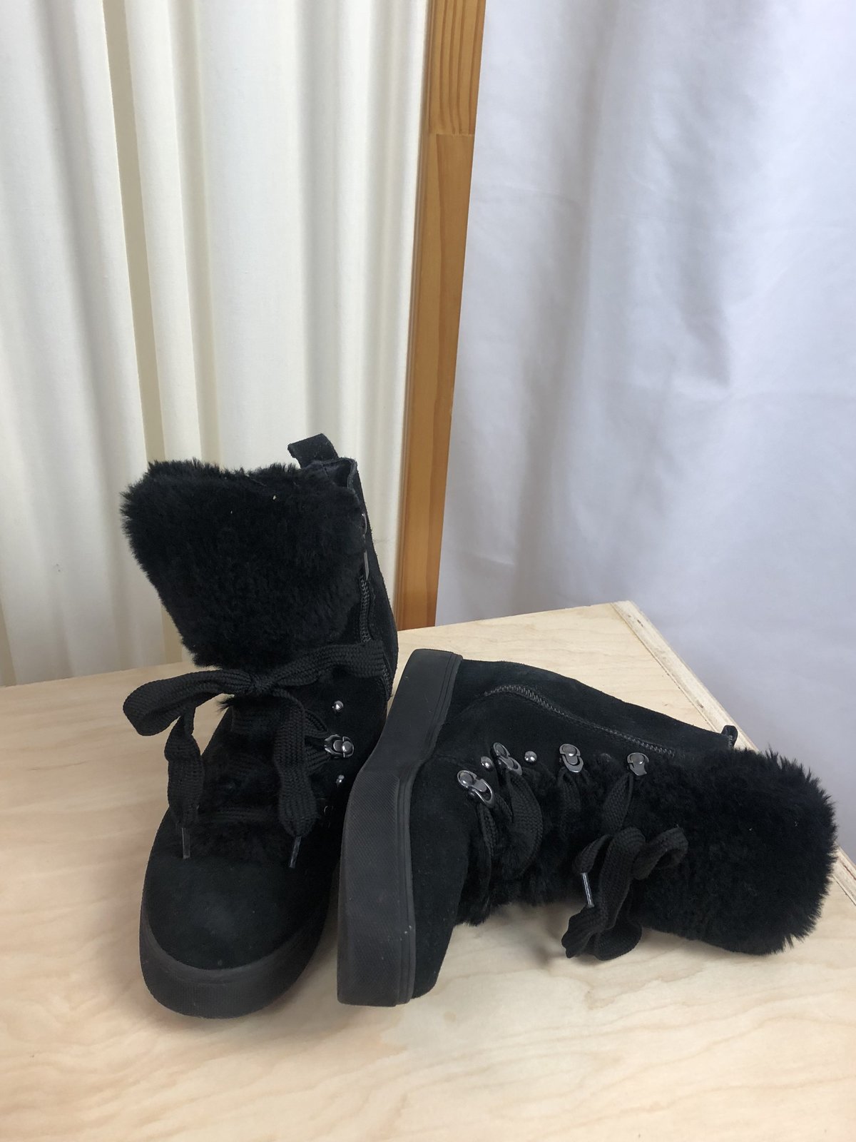 [pre-loved] JSlides Lace Up Fuzzy Platform Boots - Black | Garmentory