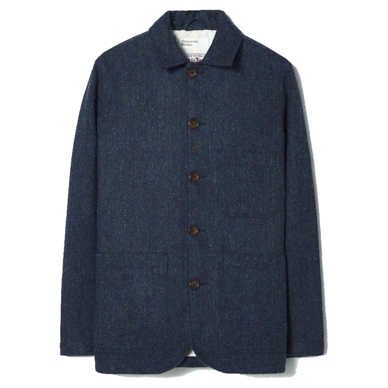 Universal Works Herringbone Harris Tweed Bakers Jacket - Navy | Garmentory
