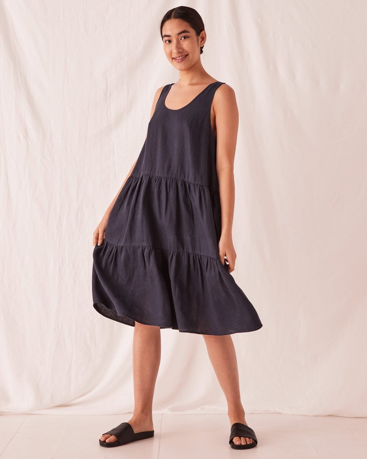 Assembly Label Tiered Linen Dress - True Navy | Garmentory