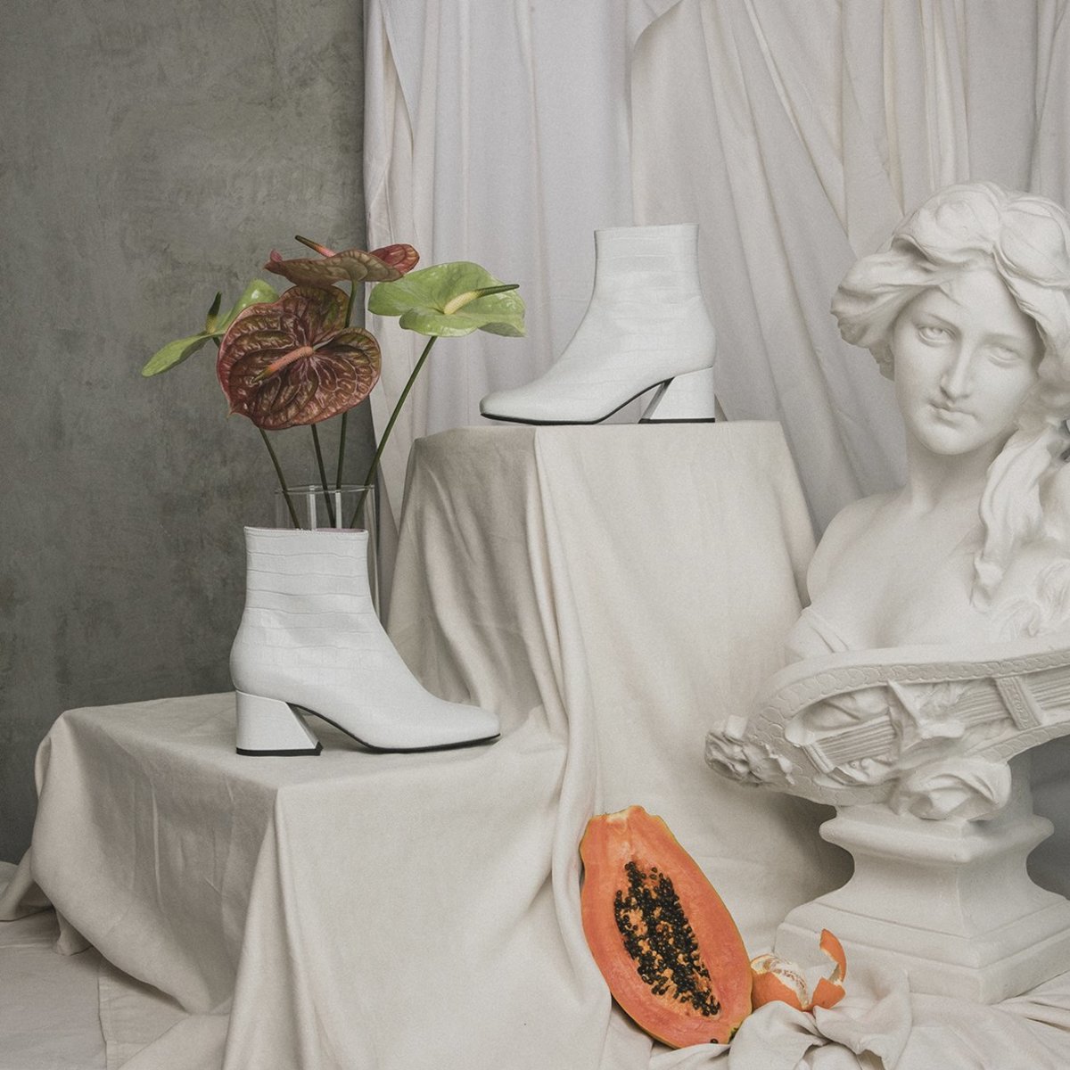 || SAMPLE SALE || DORIC - White Leather Square Toe Boots | Garmentory