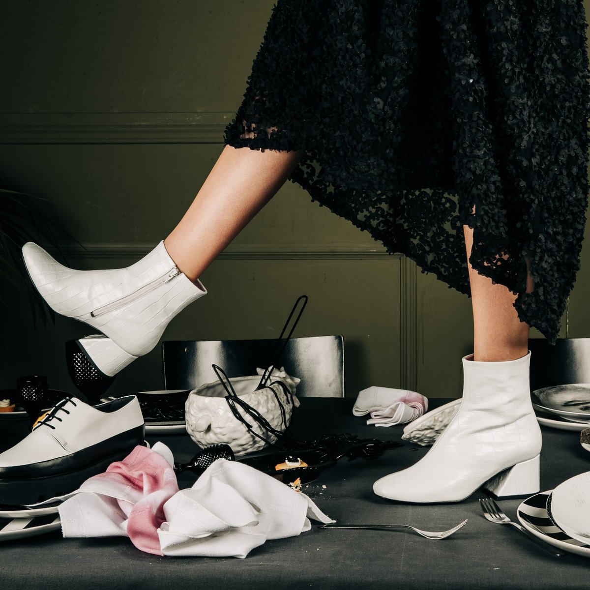 || SAMPLE SALE || DORIC - White Leather Square Toe Boots | Garmentory