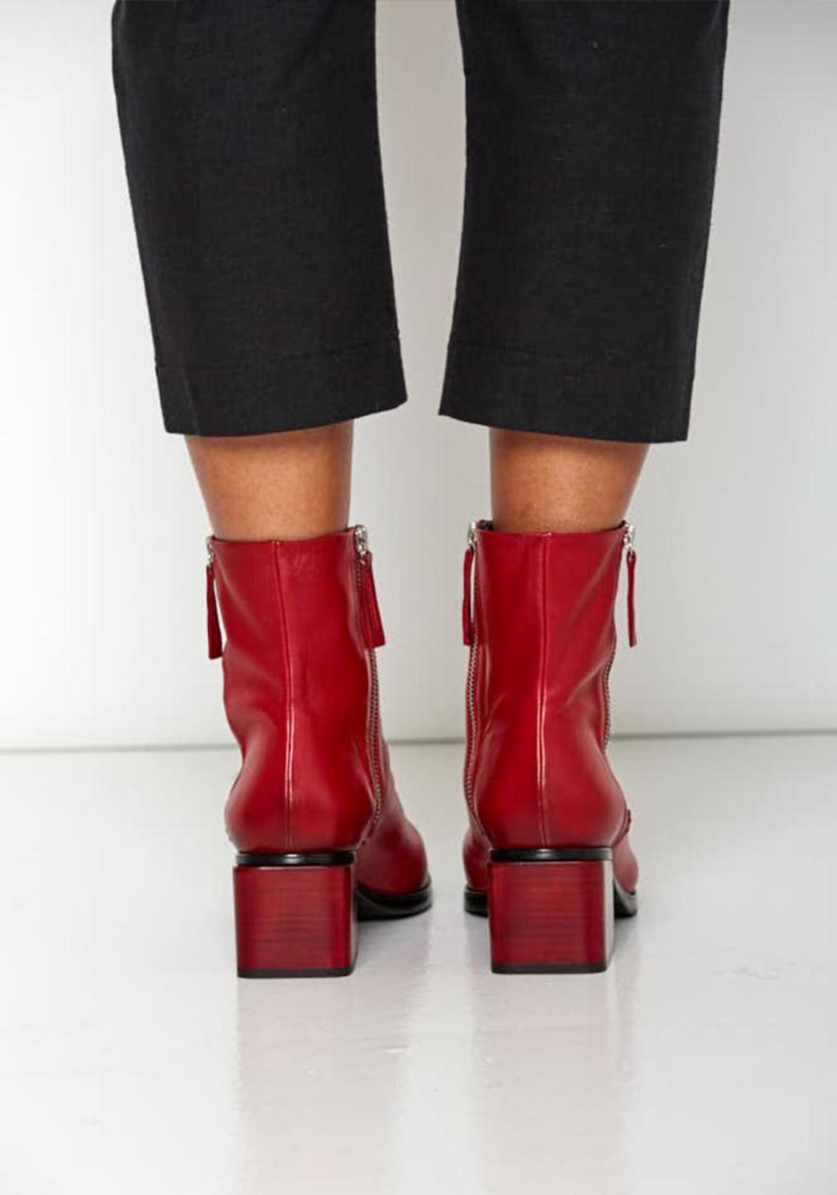 Halmanera Heel Side Zips Red Leather Round Toe Bootie - Red | Garmentory