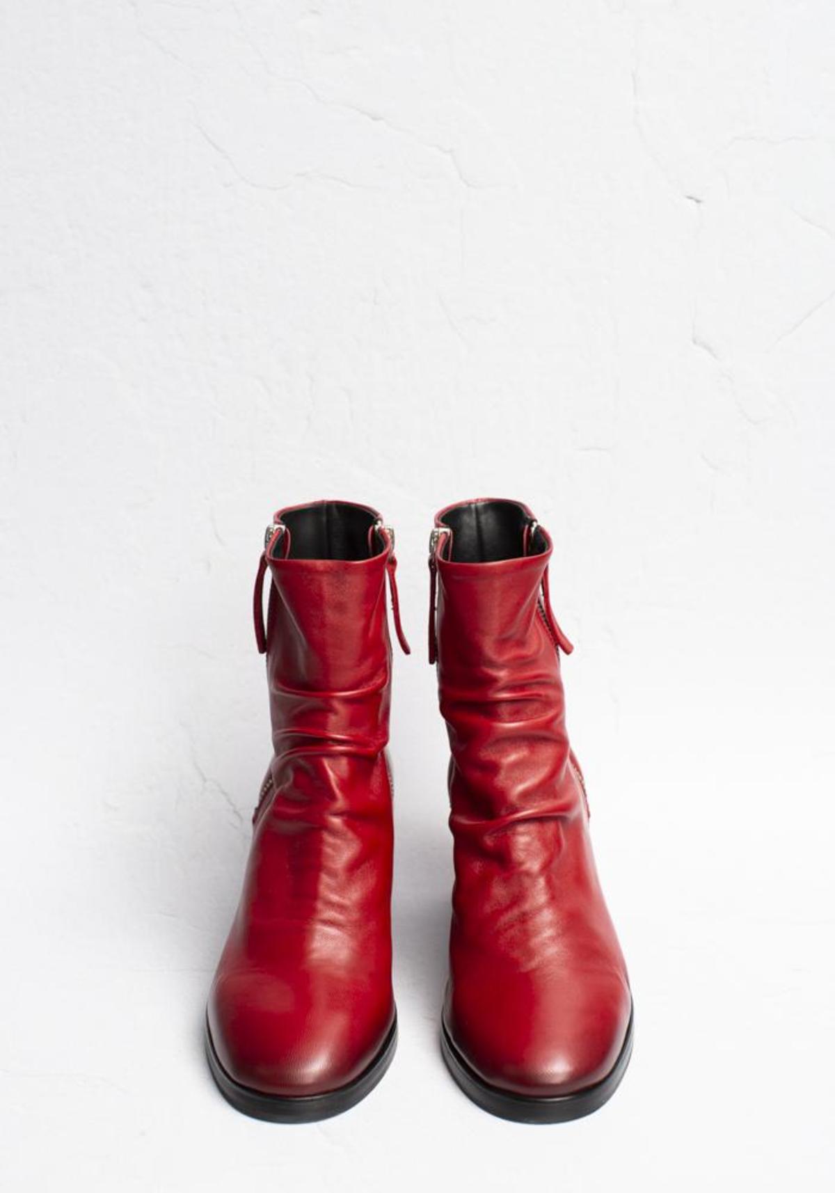 Halmanera Heel Side Zips Red Leather Round Toe Bootie - Red | Garmentory