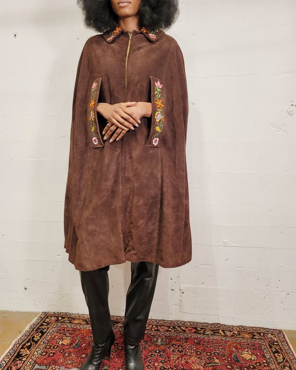 Vintage Embroidered Suede Cape COAT - Cocoa | Garmentory