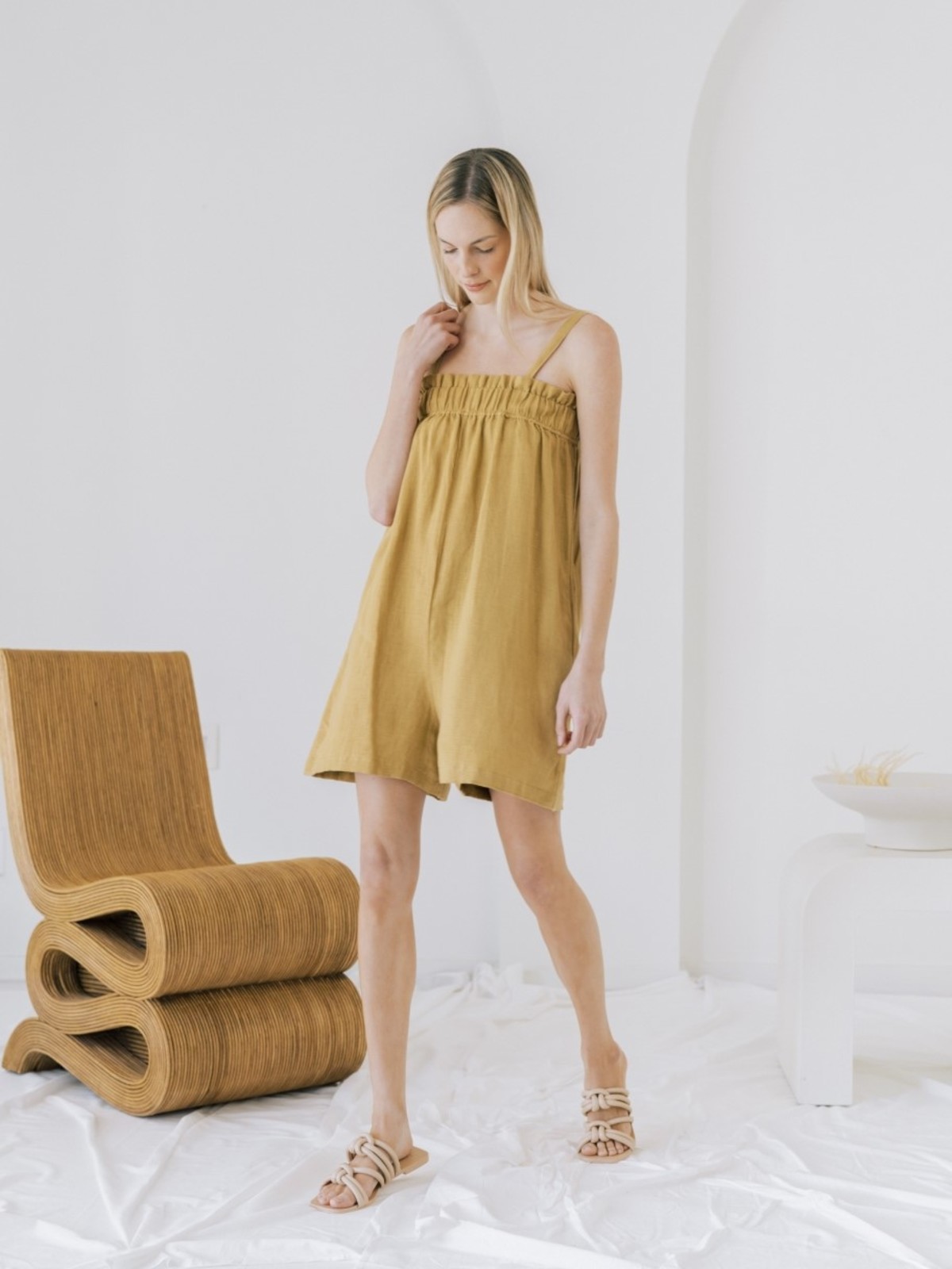 LAUDE the Label Thea Romper - Turmeric Linen | Garmentory