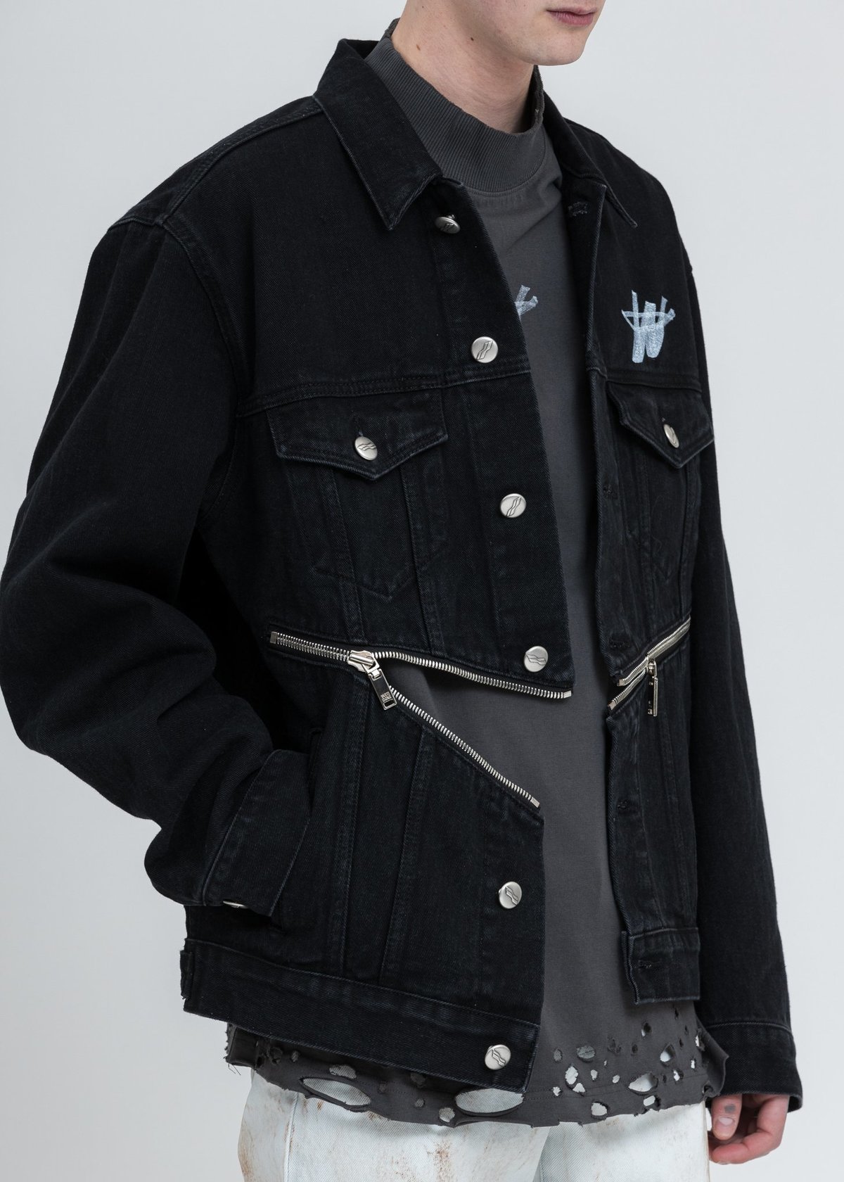 we11done Denim WD Logo Zipper Detail Jacket - Black | Garmentory