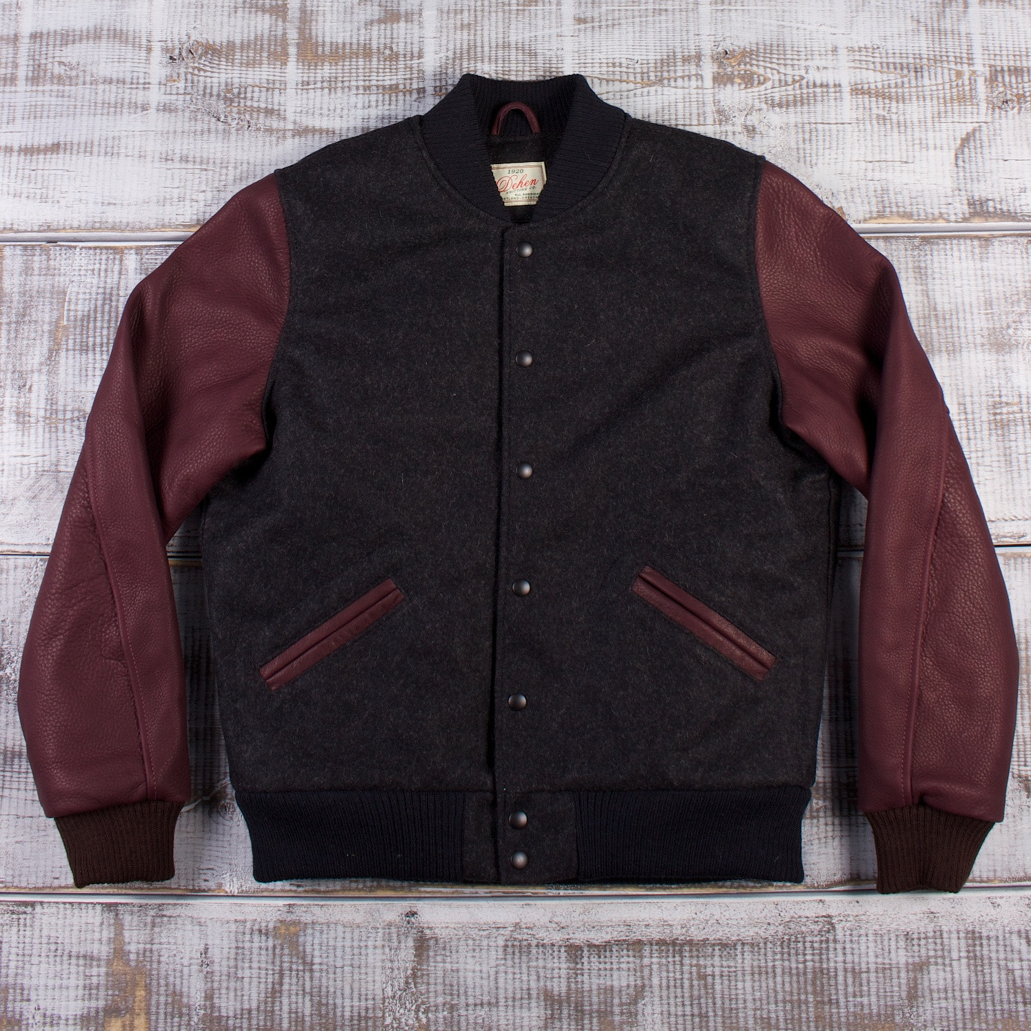 Dehen 1920 Varsity Jacket - Charcoal & Oxblood | Garmentory