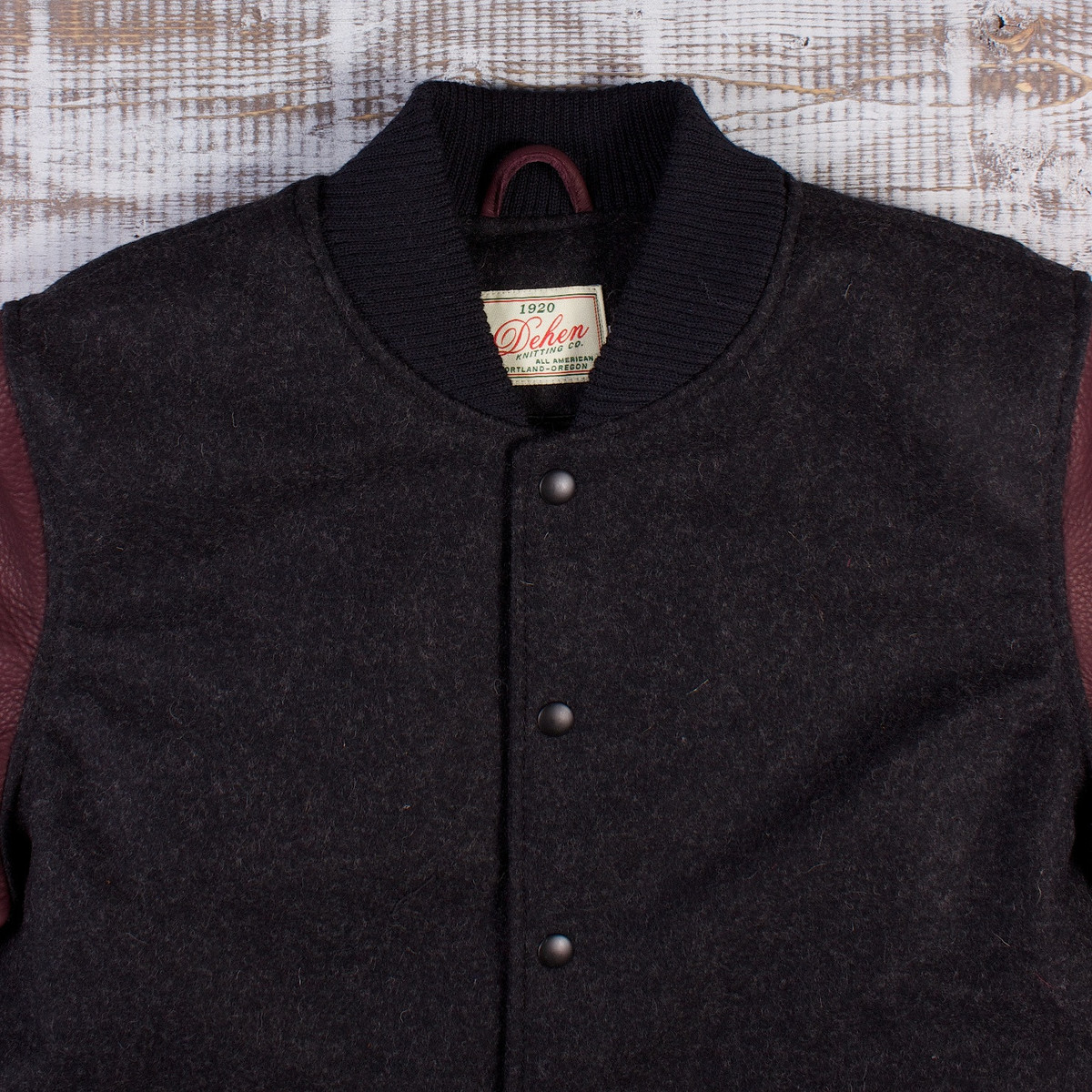 Dehen 1920 Varsity Jacket - Charcoal & Oxblood | Garmentory