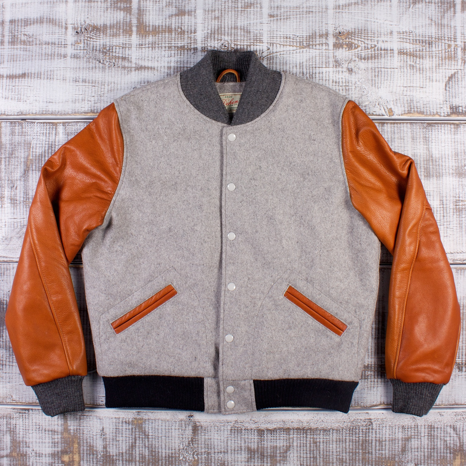 Dehen 1920 Varsity Jacket - Heather Grey & Whiskey | Garmentory