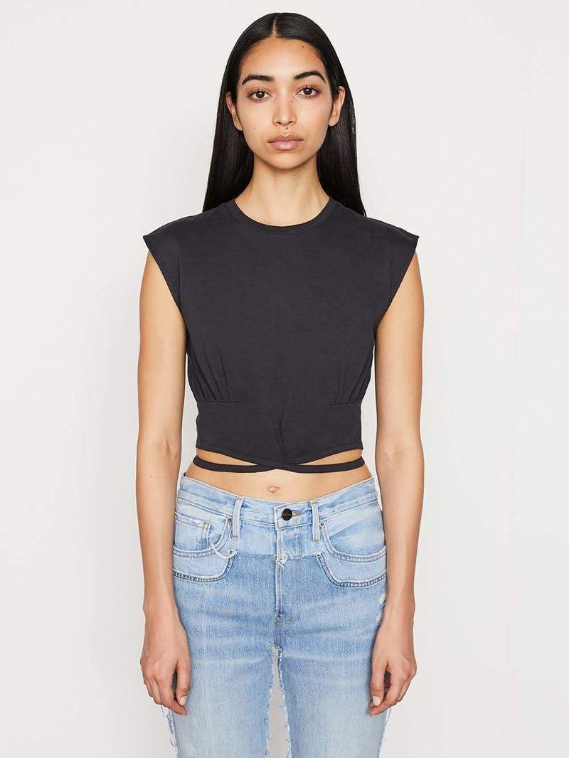 FRAME Denim Tied Crop Muscle Tee - Black | Garmentory