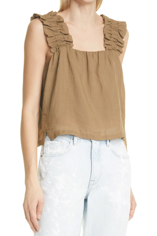 FRAME Denim Ruffle Strap Tank - Khaki Multi | Garmentory