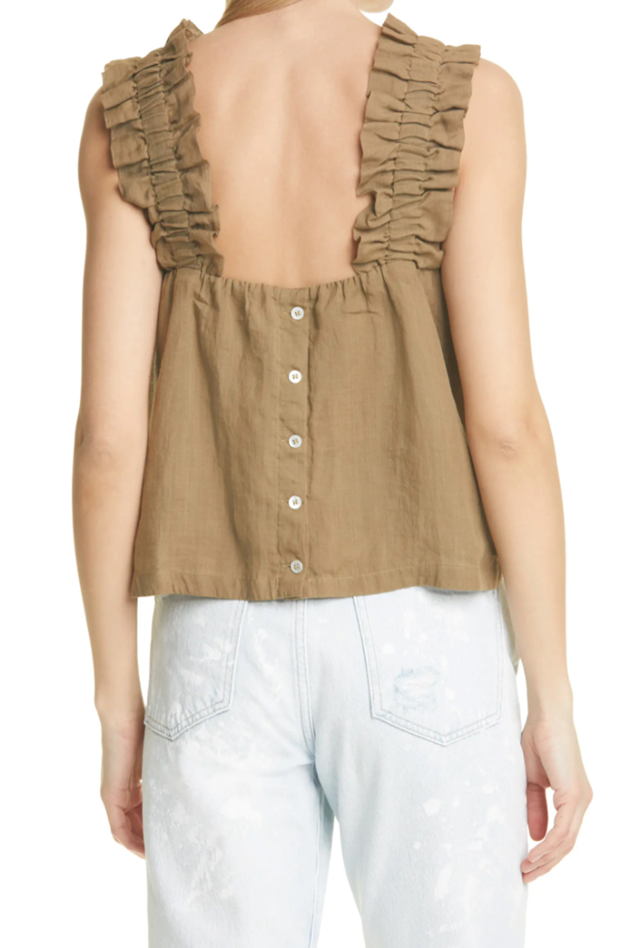 FRAME Denim Ruffle Strap Tank - Khaki Multi | Garmentory