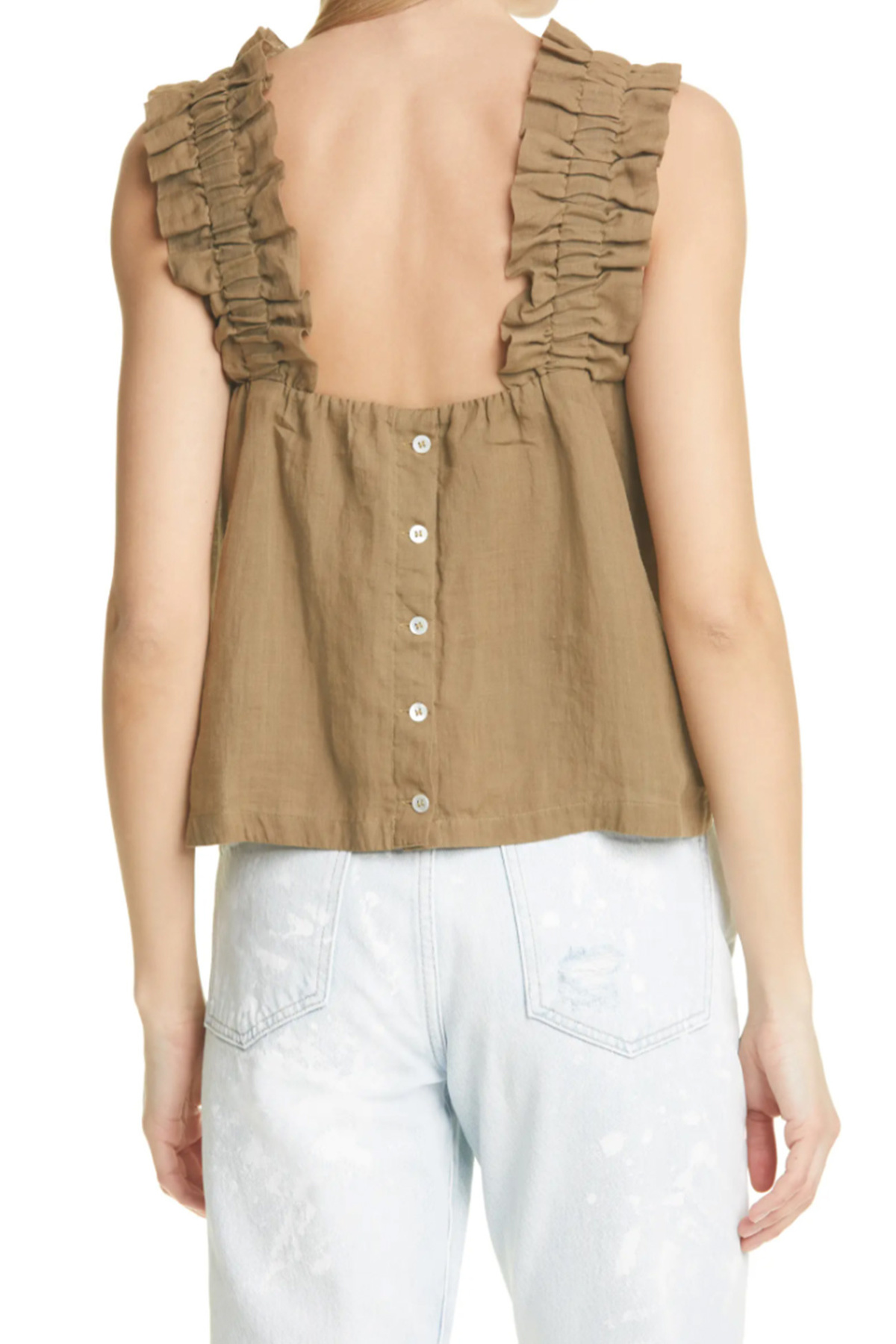 FRAME Denim Ruffle Strap Tank - Khaki Multi | Garmentory