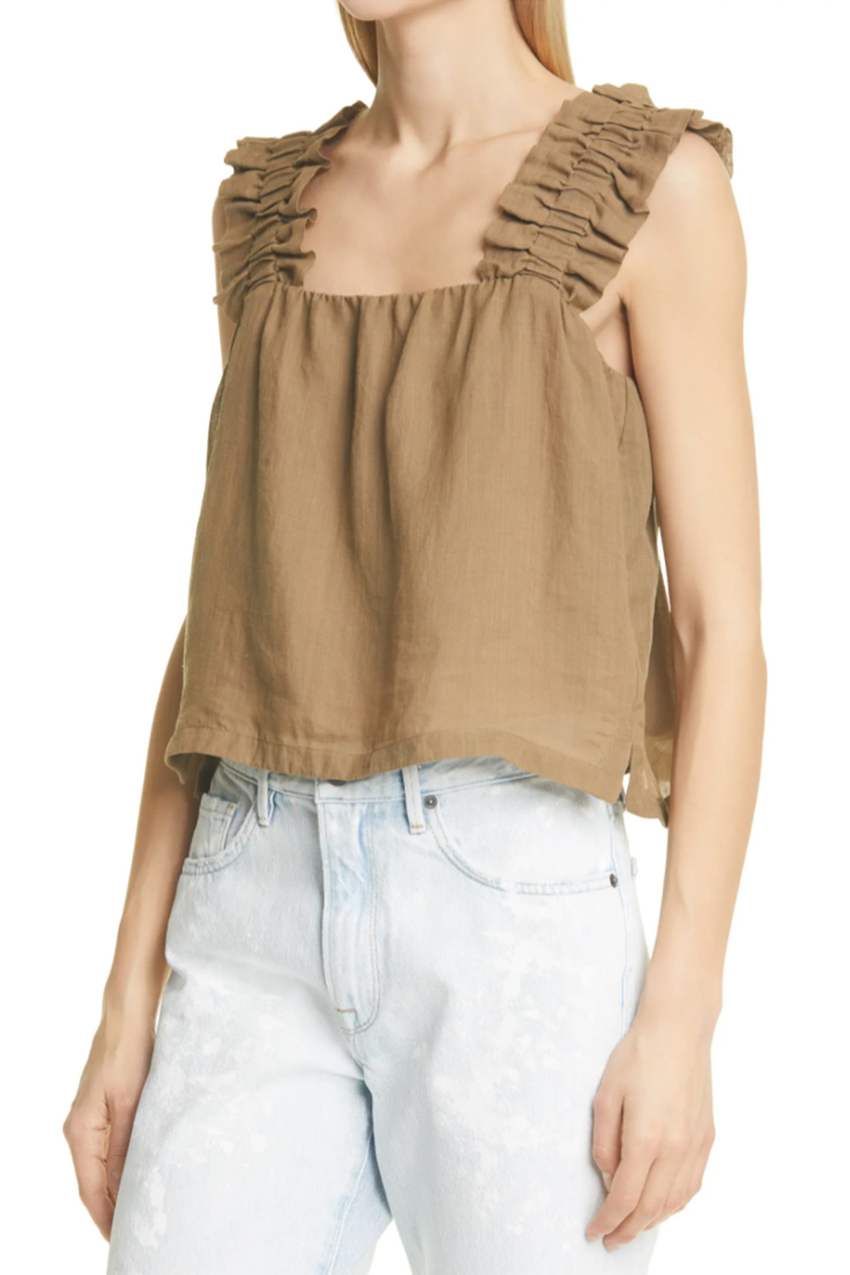 FRAME Denim Ruffle Strap Tank - Khaki Multi | Garmentory