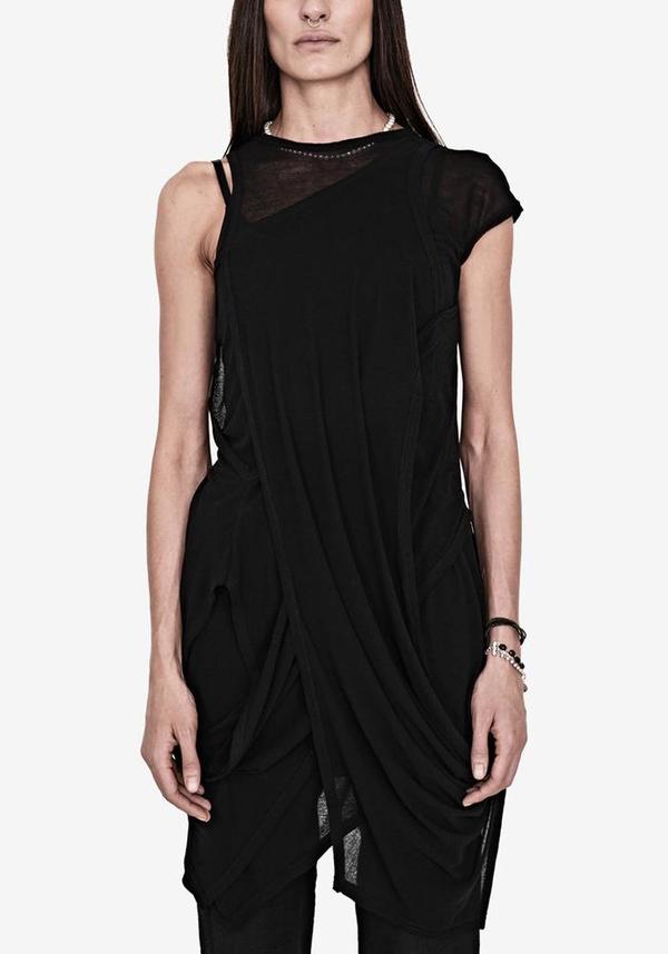 139Dec Asymmetric Double-Layered Sheer Draped Tunic Top - black ...